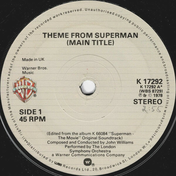 ・アーティスト London Symphony Orchestra ・タイトル Theme From Superman (Main Title) ・レーベル・型番 Warner Bros. Records K17292 ・フォーマット 7イ...