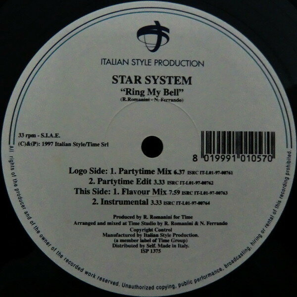 ・アーティスト Star System ・タイトル Ring My Bell ・レーベル・型番 Italian Style Production ISP1375 ・フォーマット 12インチレコード ・コンディション(盤) 良い (VG+) ...
