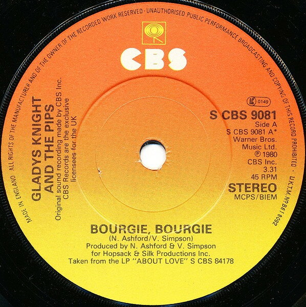・アーティスト Gladys Knight & The Pips ・タイトル Bourgie, Bourgie ・レーベル・型番 CBS SCBS9081 ・フォーマット 7インチレコード ・コンディション(盤) 良い (VG+) ・コンデ...