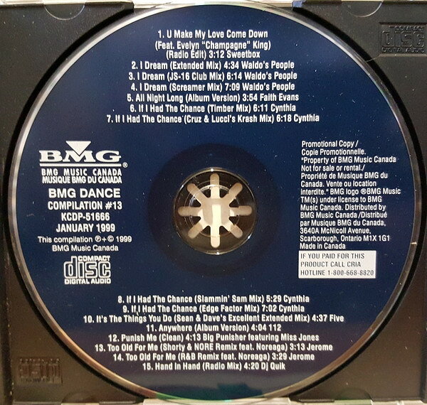 ・アーティスト Various ・タイトル Bmg Dance Compilation #13 (January 1999) ・レーベル・型番 BMG Music Canada KCDP51666 ・フォーマット CD ・コンディション(盤...
