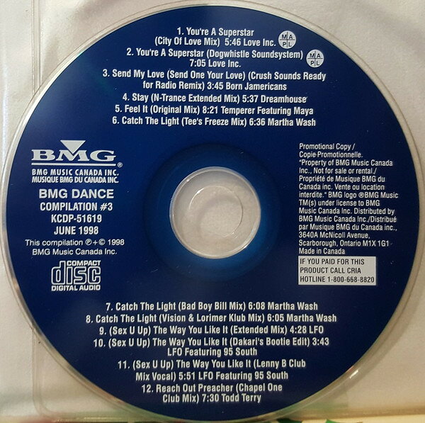 ・アーティスト Various ・タイトル Bmg Dance Compilation #3 ・レーベル・型番 BMG Music Canada KCDP51619 ・フォーマット CD ・コンディション(盤) 良い (VG+) ・コンディ...