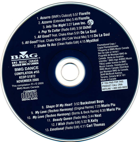 ・アーティスト Various ・タイトル Bmg Dance Compilation #55 ・レーベル・型番 BMG Music Canada KCDP51872 ・フォーマット CD ・コンディション(盤) 良い (VG+) ・コンデ...