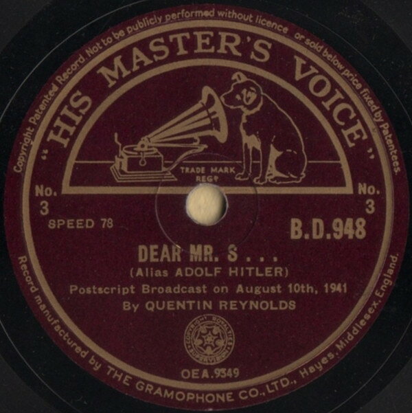 ・アーティスト Quentin Reynolds ・タイトル Dear Mr S - Alias Adolf Hitler No1 - No4 ・レーベル・型番 HIS MASTERS VOICE BD94748 ・フォーマット 78回転S...