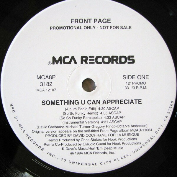 ・アーティスト Front Page ・タイトル Something U Can Appreciate ・レーベル・型番 MCA Records MCA8P3182PROMO ・フォーマット 12インチレコード ・コンディション(盤) 非常...