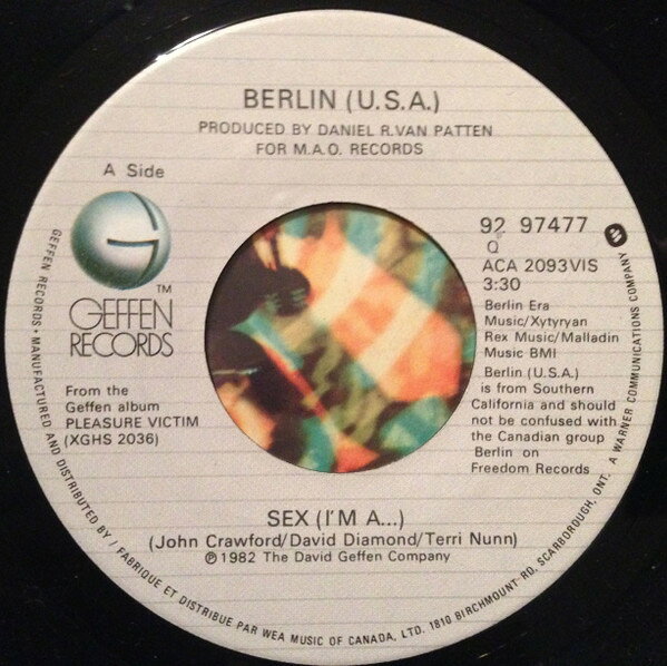 ・アーティスト Berlin ・タイトル Sex (I'm A...) ・レーベル・型番 Geffen Records 9297477 ・フォーマット 7インチレコード ・コンディション(盤) 良い (VG+) ・コンディション(ジャケット...