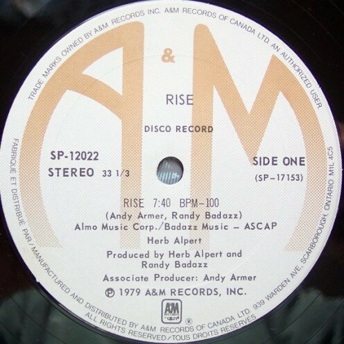 ・アーティスト Herb Alpert ・タイトル Rise / Aranjuez (Mon Amour) ・レーベル・型番 A&M Records SP12022 ・フォーマット 12インチレコード ・コンディション(盤) 非常に良い(E...