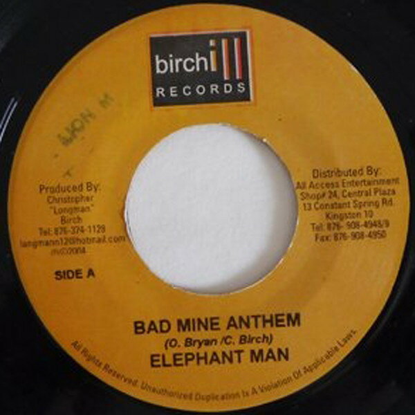 ・アーティスト Elephant Man ・タイトル Bad Mine Anthem ・レーベル・型番 Birchill Records NONE ・フォーマット 7" ・コンディション(盤) 良い (VG+) ・コンディション(ジャケット...
