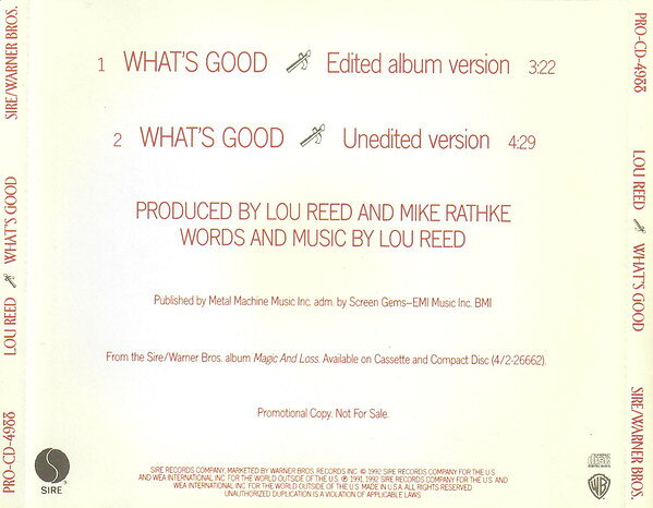 ・アーティスト Lou Reed ・タイトル What's Good ・レーベル・型番 Sire, Warner Bros. Records PROCD4988PROMO ・フォーマット CD ・コンディション(盤) 非常に良い(EX) ・...