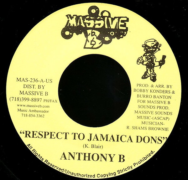 ・アーティスト Anthony B / Snow & Whitey Don ・タイトル Respect To Jamaica Dons / Bag Fulla Dro ・レーベル・型番 Massive B MAS236 ・フォーマット 7イ...