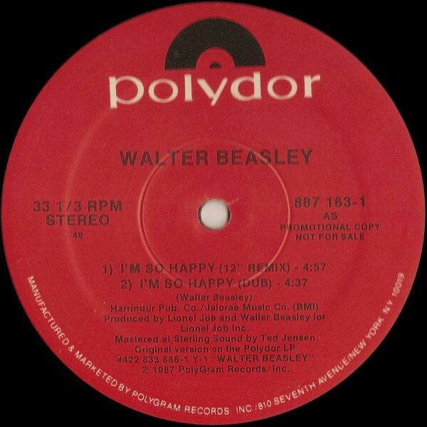 ・アーティスト Walter Beasley ・タイトル I'm So Happy ・レーベル・型番 Polydor 8871631 ・フォーマット 12" ・コンディション(盤) 良い (VG+) ・コンディション(ジャケット) プレイン...