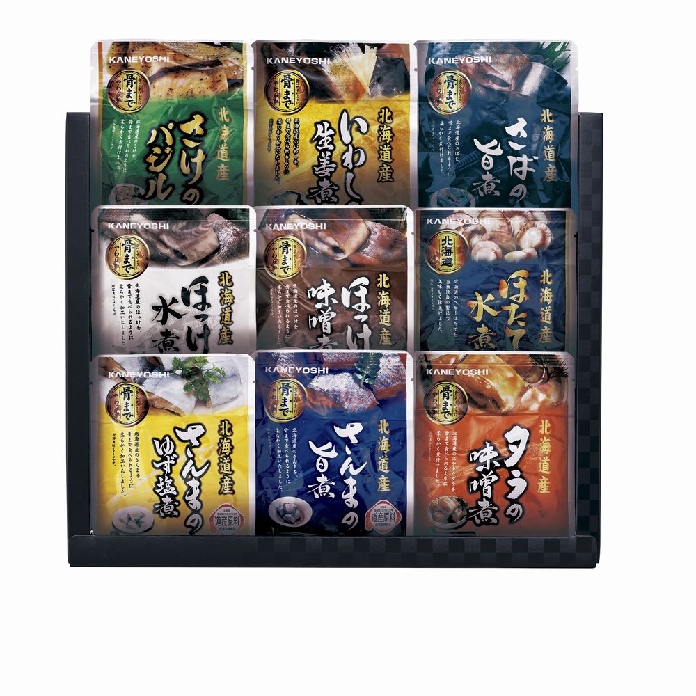 Cセット 全9種類ホタテの旨味を感じる水煮ほっけをシンプルで食べやすい水煮でご賞味を北海道産ほっけの味噌煮道東沖サンマをゆず風味で味付け醤油ベースでサンマを煮込みましたタラをカットし骨までやわらか味噌仕立てに北海道さばをサッパリと薄味醤油で...