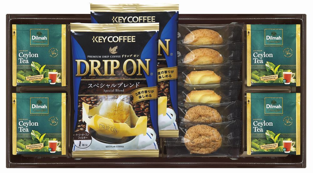 ■メーカー品番：KDR-15 ■温度帯：常温 ■賞味期間（製造日から）：180日間 ■商品内容：キーコーヒードリップオン8g×2・プチクッキー（リング・ペカン・カシュー）各2・ディルマ セイロンティー2g×4 【卵・乳成分・小麦】 ■箱サイ...