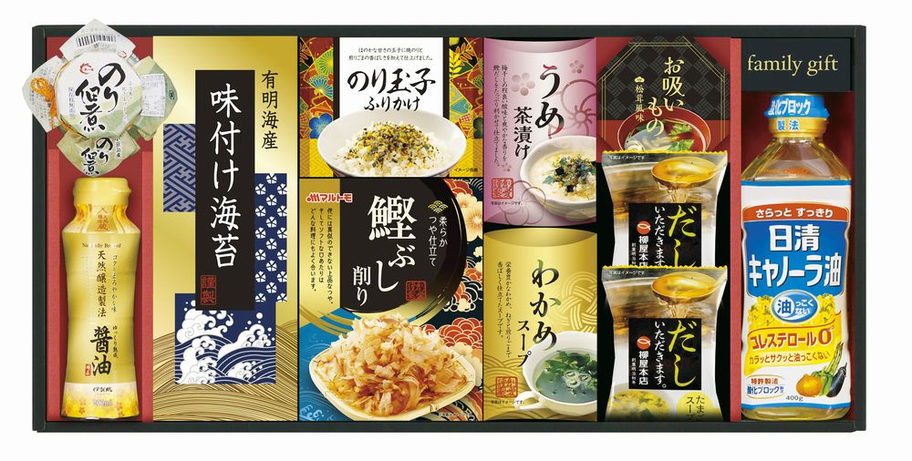 日清のキャノーラ油をはじめ毎日の食卓をバラエティ豊かに彩ります。 ■メーカー品番：NSO-50A ■温度帯：常温 ■賞味期間（製造日から）：360日間 ■商品内容：島の香のり佃煮80g・有明海産味付け海苔（3切4枚）・のり玉子ふりかけ（4....