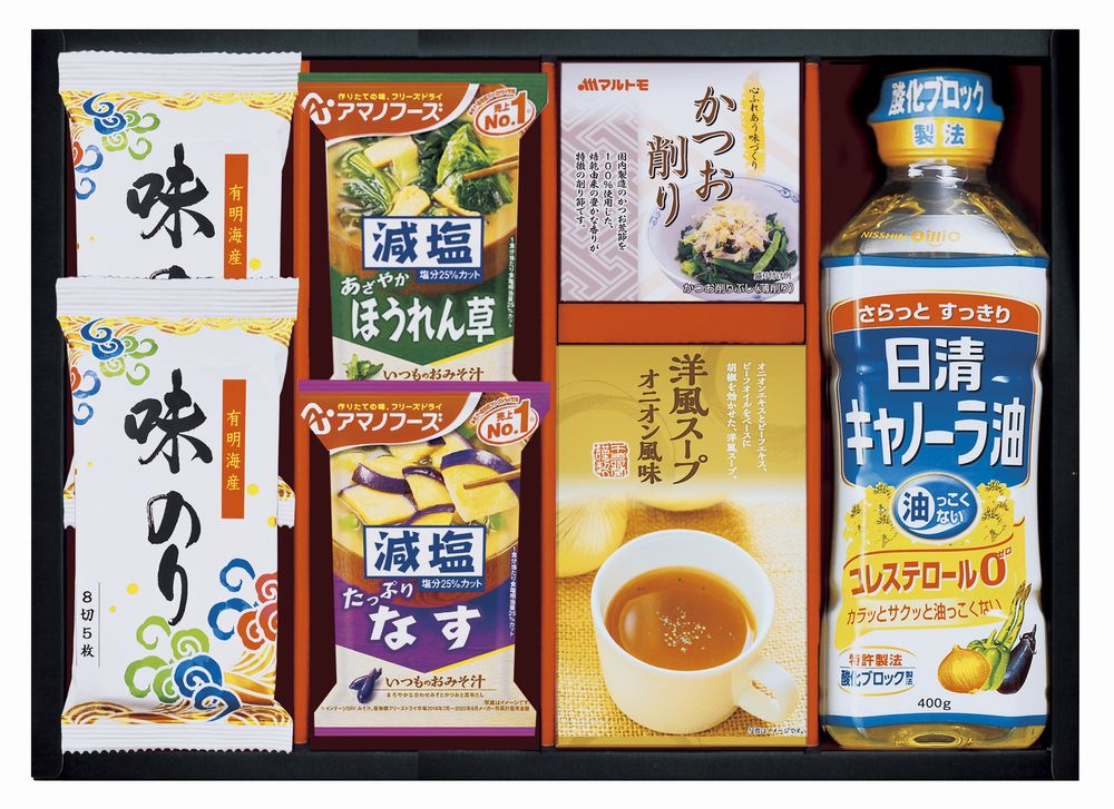 おみそ汁や味のりなど、毎日の食卓を彩るバラエティ豊かな詰合せです。 ■メーカー品番：CA-30 ■温度帯：常温 ■賞味期間（製造日から）：360日間 ■商品内容：日清キャノーラ油400g・アマノフーズ減塩いつものおみそ汁（なす・ほうれん草）...