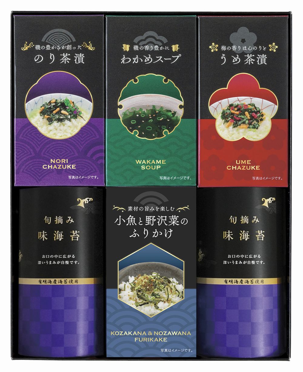 毎日の食卓に嬉しい海苔やお茶漬などの詰合せ。 ■メーカー品番：LJD-30 ■温度帯：常温 ■賞味期間（製造日から）：420日間 ■商品内容：有明海産味海苔（8切16枚）×2・小魚と野沢菜のふりかけ（4g×6袋）・うめ茶漬（5g×6袋）・の...