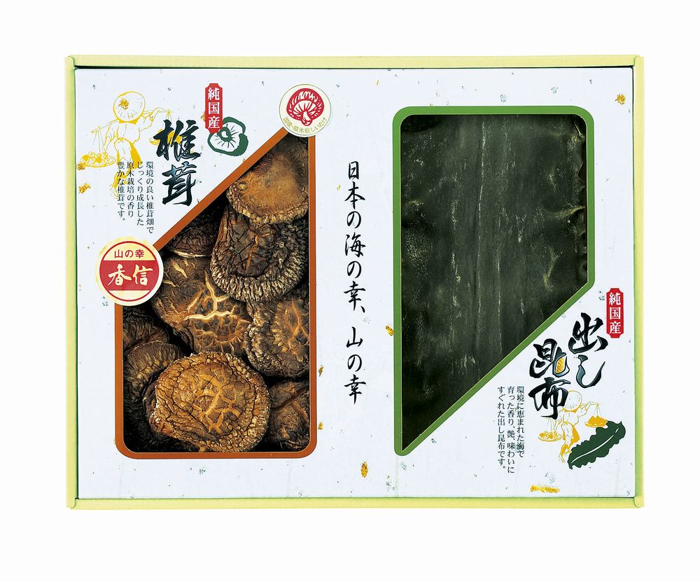 信頼の国内産、椎茸と昆布の詰合せ。 ■メーカー品番：TSK-20N4 ■温度帯：常温 ■賞味期間（製造日から）：420日間 ■商品内容：国内産原木香信椎茸20g・国内産出し昆布25g ■箱サイズ：箱257×330×36mm ■メーカーコード...