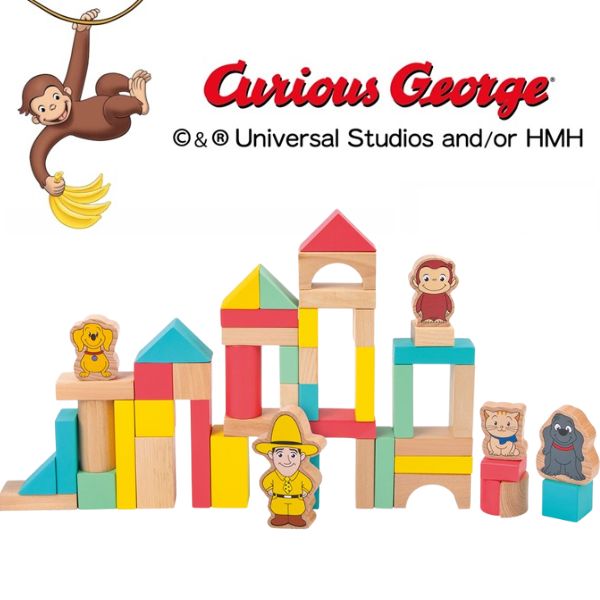 おさるのジョージ　木製つみきセット50P　おもちゃ 木製玩具 つみき ごっこ遊び 積み木 天然木 キッズ ベビー 幼児 子供 赤ちゃん 集中力 認識力 キャラクター 室内遊び 知育玩具 木のおもちゃ 1.5歳～ ●5種類のキャラクターブロッ...