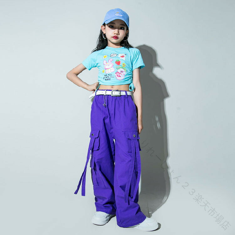 【原産国／製造国: 中国】 .ダンス トップス へそ出し キッズ 紫パンツ 女の子 セットアップ 青 カーゴパンツ ワイドパンツ ヒップホップ 韓国 k-pop衣装 ジャズダンス ショート丈 tシャツ かっこいい キッズダンス衣装 子供 団...