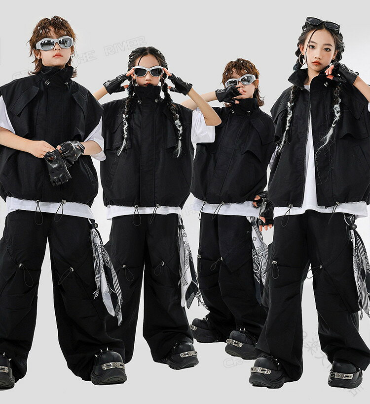 【原産国／製造国: 中国】 .カーゴパンツ 黒 ダンス衣装 キッズ ベスト 黒 セットアップ 女の子 男の子 ゆったりtシャツ キッズダンス衣装 かっこいい 韓国 k-pop衣装 ヒップホップ ジャズダンス イベント 110 180cm。 ...