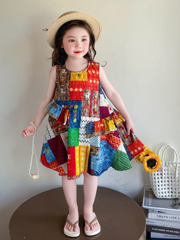 【原産国／製造国: 中国】 .女の子用ワンピース 子供服 ボヘミアン風リゾートスタイル 海 ビーチファッション 吊りスカート ノースリーブ 140cm 130cm 120cm 110cm 100cm 90cm カラフル チェック柄 ポリエス...