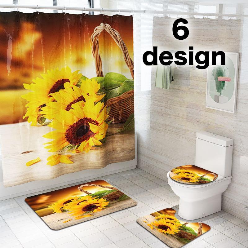 ヒマワリの柄がおしゃれな、バス用マット・トイレ用マット・トイレ用カバーの3点セットです。※シャワーカーテンは付属いたしません。【サイズについて】画像をご参照ください。【素材について】ポリエステル 【原産国／製造国: 中国】 .バスマット ト...