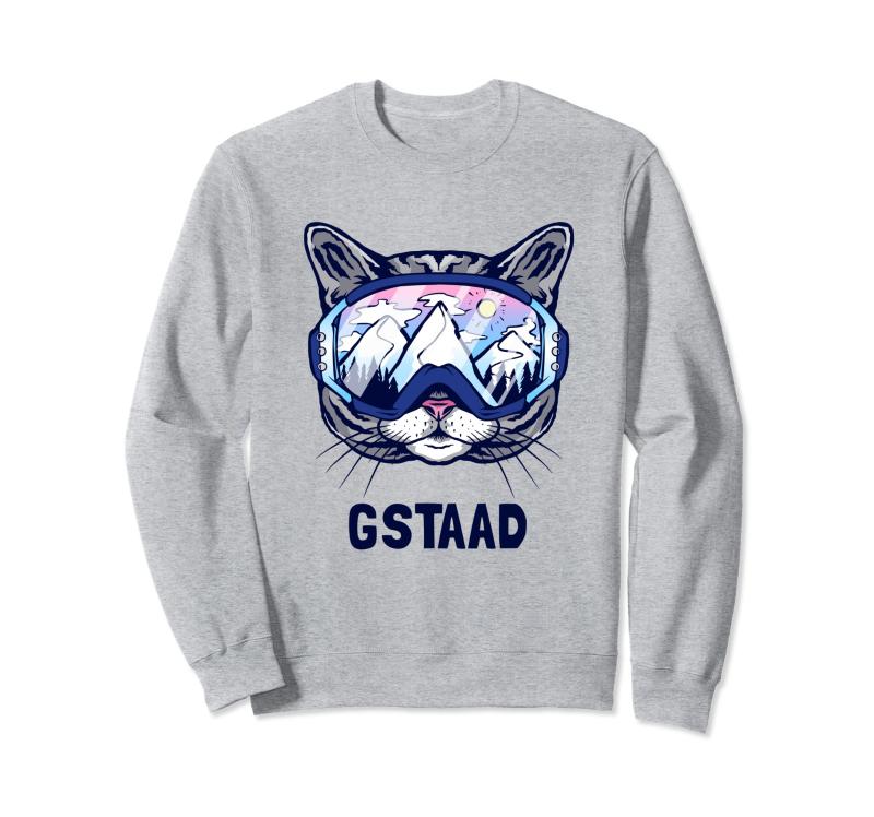 Gstaad アルペン マウンテン パノラマ スキーゴーグル 猫 トレーナーアルペン山のパノラマが映える、ネコの顔のスキーゴーグルが楽しい冬のデザインです。スイスのグスタードのスノーボードライダーやダウンヒルスキーの友人のためのApresス...