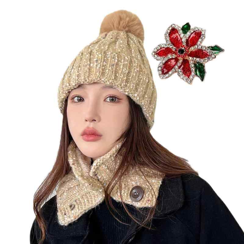 [LYGGIE] ニット帽 ネックウォーマー 赤い 花 クリスマス ブローチ ピン [3点セット] レディース ビーニー ポンポン付き帽子 ニットキャップ 冬 防寒 小顔効果 可愛い おしゃれ 無地 厚手 裏起