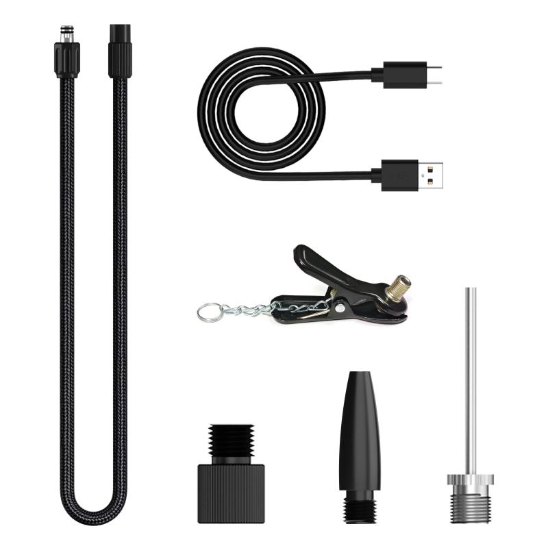 ASMAX T10 電動空気入れ用交換アクセサリーキットエアホース、ボール用ニードル、米式バルブ、仏式バルブアダプター、英式バルブ、Type-C充電ケーブル【必要なアクセサリーをすべて同梱】Type-C充電ケーブル、50cmのクイック接続式...