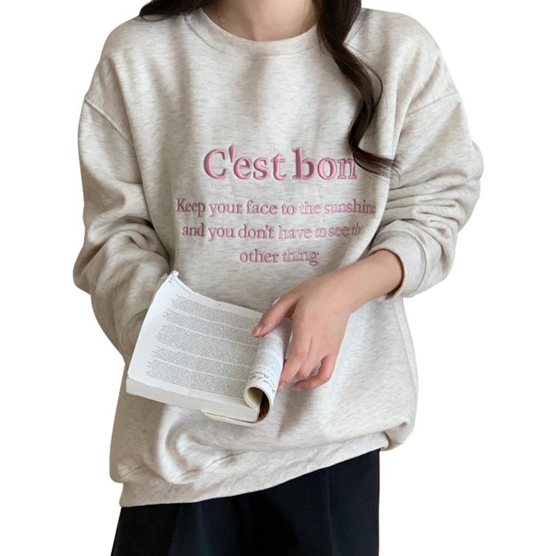 [safulsey] レディース プルオーバー 裏起毛素材刺繍 スウェット レディース トップス Tシャツ 個性 刺繍 秋 春 ファッション ゆったり 長袖 トレーナー(Middle, ブラック)