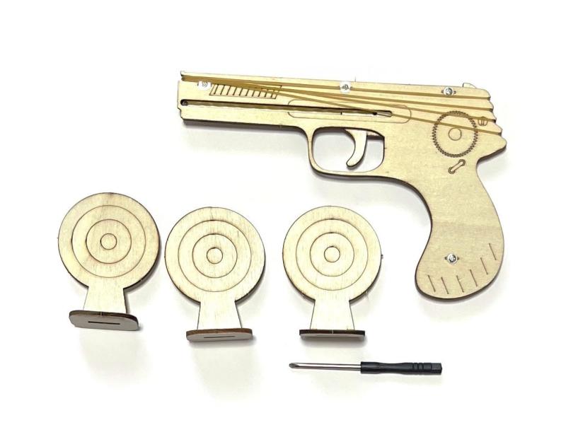 ゴム鉄砲 木製 立体パズル 3d diy おもちゃ 輪ゴム 射的 的あて クラフト 工作 組み立てキット 組み立て簡単 [並行輸入品]完成サイズ：横16.5cm×縦10.5cm×厚さ1.0cm　完成重量：29g　【 ターゲット×3個含む総重...