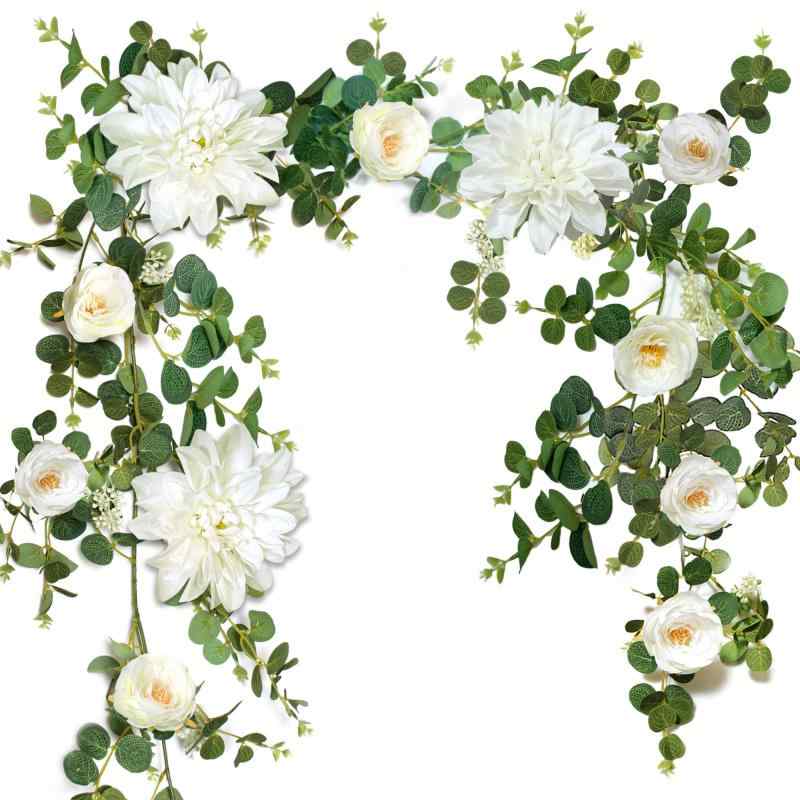 OrgMemory ガーランド花 人工観葉植物 壁掛け花藤 ダリア 造花 180cm 婚礼の儀式 ホーム オフィス 家テーブル 撮影用 ルデコレーション (白い ダリアガーランド)造花のつる1個がパッケージに入っています。 白ダリア3個、白...