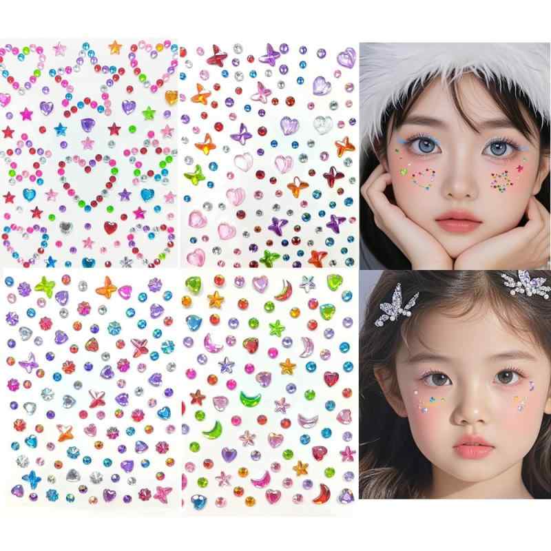 ISHR ライ ンストーン シール 顔 シール 4枚 星 月 蝶々 ダイヤ キラキラ ラインストーン フェイス 3D ラインストーン フェイス デコシール 顔面デコ ネイルデコパーツ 貼り付け可能 DIY用品 手【キラキラ3Dデザイン】カラ...