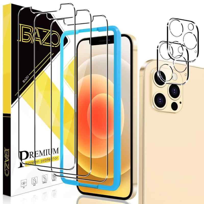 BAZO iPhone 12 Pro Max 用 ガラスフィルム【3枚】+カメラフィルム【2枚】 ガイド枠付き 自动吸着 強化ガラス 液晶保護フィルム 9H硬度 指紋防止 撥水撥油 飛散防止 [3+2枚セット]「対応機種」iPhone 12...
