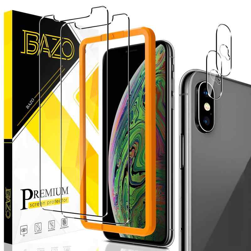 BAZO iPhone X/Xs 5.8'' 用 ガラスフィルム【2枚】+カメラフィルム【2枚】 ガイド枠付き 硬度9H 耐衝撃 強化ガラス 自動吸着 指紋防止 液晶保護ガラスフィルム[2+2枚セット]「対応機種」iPhone X 、iPh...