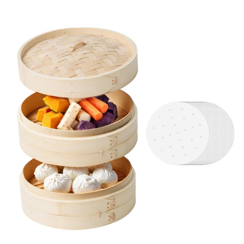 MACWANS 明るい色竹せいろ 2段 セット 蒸し器 中華 せいろ セイロ，蒸し器セット 21cm 浅蒸し紙50枚付き【天然竹100%・職人手作り】素材の味を引き立てる安全設計 厳選した天然竹のみを使用し、経験豊富な職人が丁寧に手作りしま...