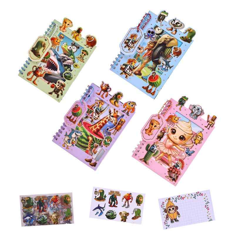 aninako 4冊入り トゥントゥントゥンサフール シール ブック 3in1 イタリアンブレインロット グッズ ステッカー2種類 筆記用紙 キッズ ご褒美シール かわいい こども誕生日用 長持ち 帳用 デコ【3合1の楽しいデザイン：貼って...