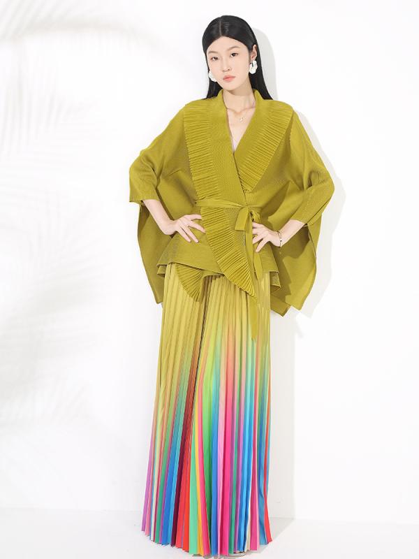 ・柄: グラデーション・スカート丈: ロング・流行要素: プリーツ・加工: プリーツ加工・主な素材: ポリエステル・主素材: ポリエステル95%以上・カラー展開: グリーン、杏色、オレンジ、ライトグリーン、ピンク、パープル、ブラック・サイズ...