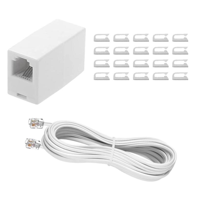 【純銅線コア】電話ケーブル モジュラーケーブル RJ11 6P4C対応（爪折れ防止設計）20点付属品セット インラインカプラー＆ケーブルクリップホルダー付き ファクシミリ/モデム/応答機用 日本123