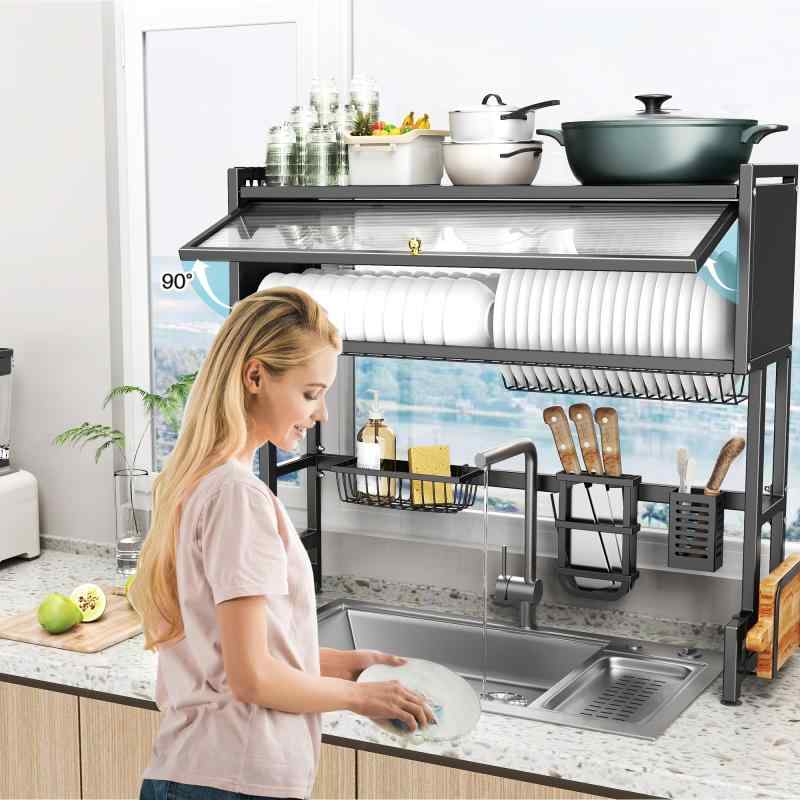 Sythdio Myth 水切りラックシンク上 蓋付き 3段 食器棚 大容量 水切りかご ステンレス キッチンラック 食器乾燥 錆びない 洗い物ラック 省スペース 水が流れる皿立て多機能収納 包丁スタンド 簡単組み立て＆安定性抜群:このシン...