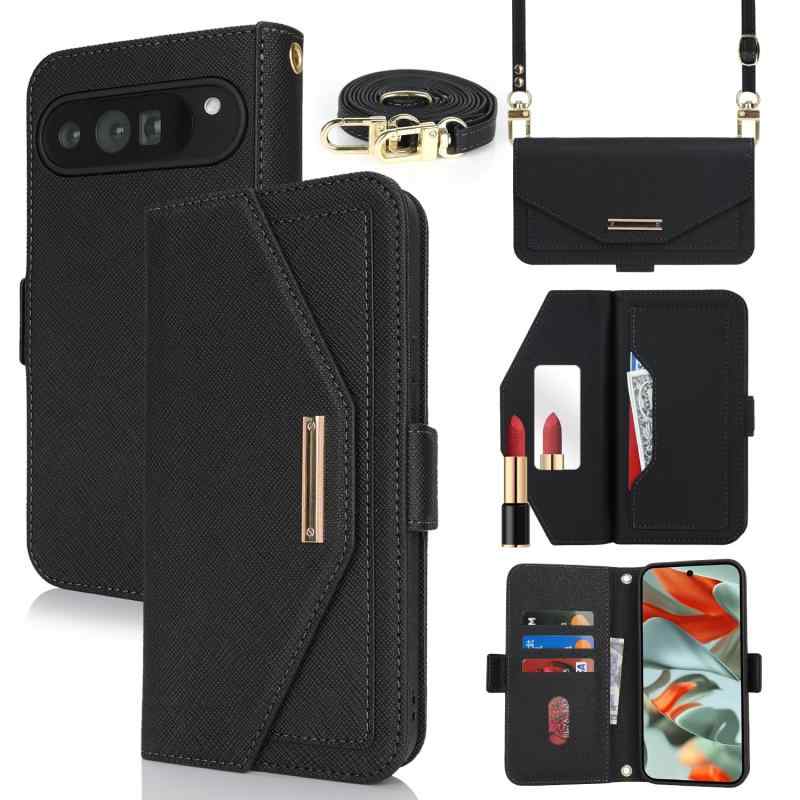 Cross pattern Wallet leather case for Pixel 9【収納力抜群】：ケース内側にはカードを2-3枚収納できるカードポケットとメモ、2枚の紙幣など収納できるポケットがあります。Dカードや運転免許証、交通カ...