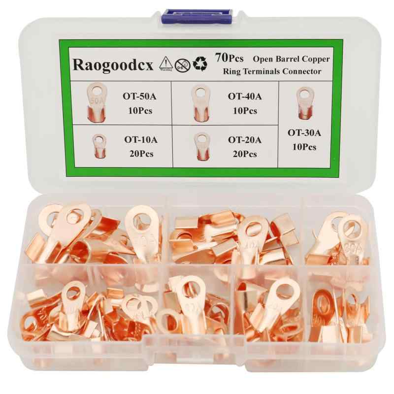 Raogoodcx 70個オープンバレルワイヤー圧着コネクタ銅リングバッテリーラグ端子品揃えキットOT10A 20A 30A 40A 50A