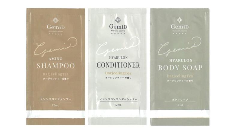 ゼミド シャンプー12ml、コンディショナー12ml、ボディソープ12ml 使い切りパウチ 【ダージリンティーの香り】各5点ずつ（計15点）アミノ酸シャンプー12ml （ダージリンティーの香り）　×5点 ヒアルロン酸コンディショナー12ml...