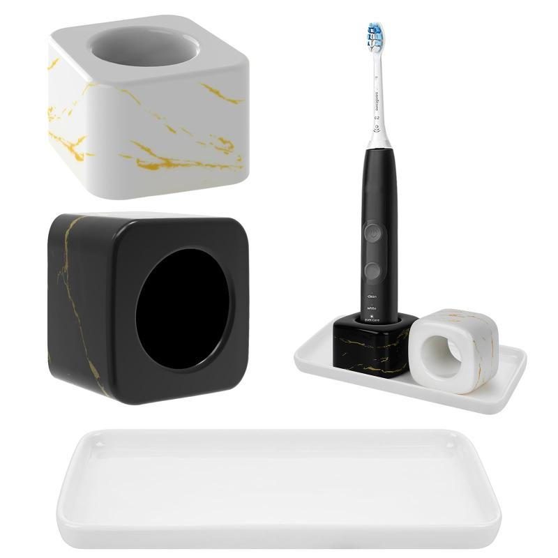 Linkidea セラミック電動歯ブラシホルダー（トレイ付き）、標準ハンドル用歯ブラシスタンド、カウンタートップオーガナイザー（PHILIP Sonicare ProtectiveClean、Oral-B iOシリーズ対応）歯ブラシホルダー...