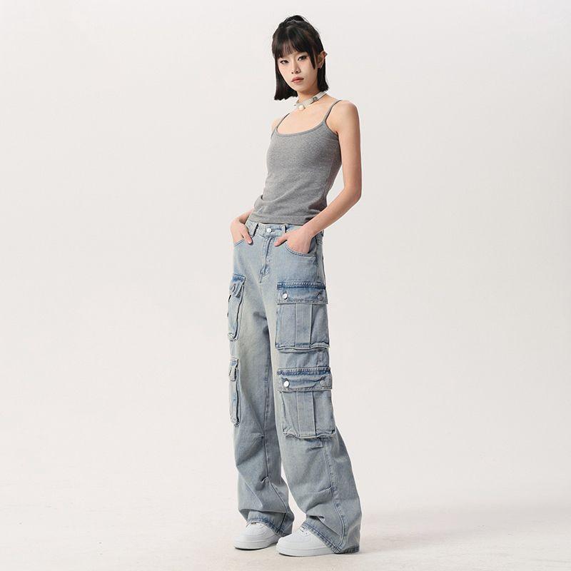 ・カテゴリ: デニムパンツ・素材: 綿（70%以上80%未満）・スタイル: ワークパンツ、ストリート、韓国風・丈: フルレングス・ウエスト: ハイウエスト・厚み: 普通・デザイン特徴: ポケット・カラー展開: ライトブルー・サイズ展開: X...