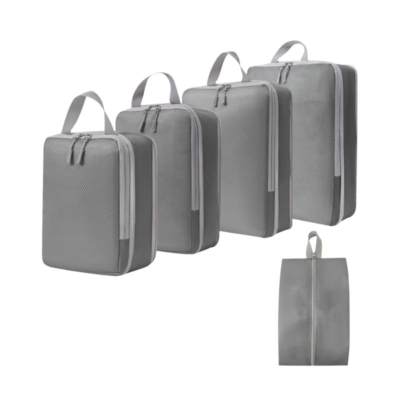 Sunny Glow 旅行用圧縮袋 トラベルポーチ 5点セット 圧縮バッグ 軽量 衣類仕分け シューズ収納付き スペース節約 スーツケース整理 便利グッズ 出張 海外 温泉 旅行【省スペース設計】ダブルジッパーを閉めるだけで衣類を約70％圧...