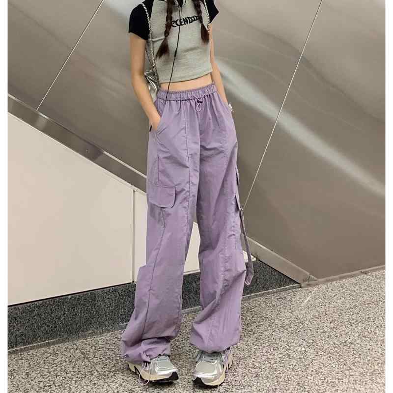 カーゴパンツ レディース パープル パンツ 薄手 ゆるめ ハイウエスト 裾絞り カジュアル アメリカン スポーツ ワイドパンツ・パンツタイプ: ワイドパンツ・丈: ロング丈・ウエスト: ゴム仕様・生地の厚さ: 薄手・デザイン: ポケット付き...