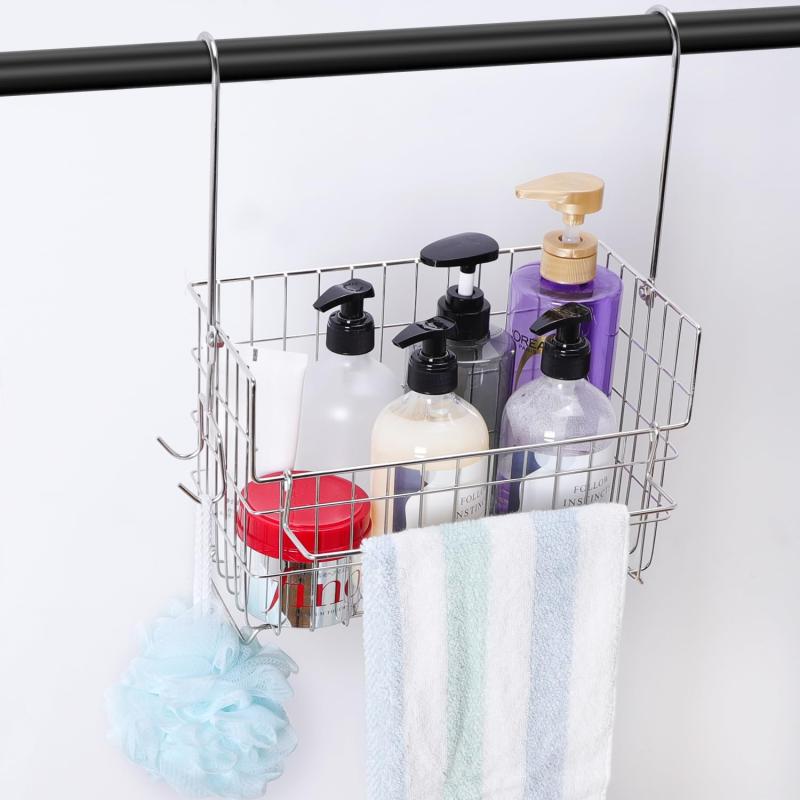 バスラック バスルームバスケット 浴室 吊るして収納 風呂用吊り下げ タワー引っ掛け 小物収納フック付き 浴室収納 お風呂収納 おもちゃ収納 簡単に取り付け ステンレス素材吊るして清潔に収納：ランドリーパイプに引っ掛けて、バス/掃除用品を浮...
