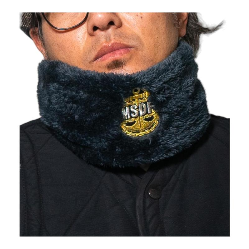 [制服のフジ] 自衛隊グッズ 【 ネックウォーマー ブラック 】 海上自衛隊 刺繍 金糸 MSDF 錨 イカリ マリン ボア あったか 防寒 防風 暖かい ゴルフ アウトドア大人：ブラック19×27cm（折りたたみ状態）金糸刺繍