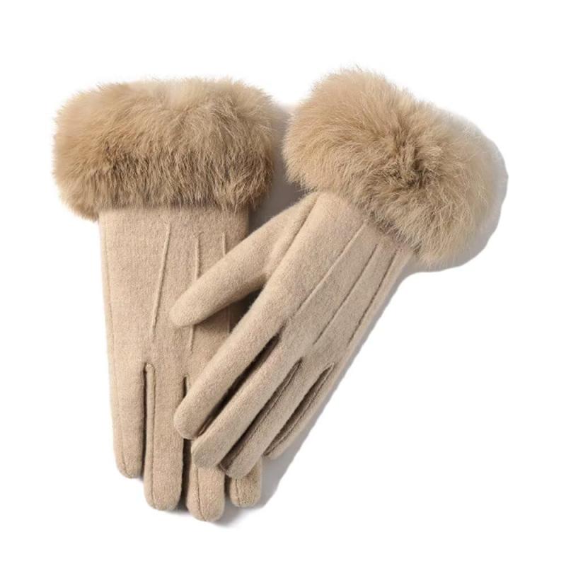 [Uroi] 手袋 グローブ レディース ウール混 裏起毛 ラビットファー付きカフス 冬用 暖かい 防寒 防風 スマホ対応 通勤 通学 自転車 かわいい エレガント シンプル防寒性とおしゃれ感を兼ね備え、冬の装いを格上げするウール混手袋。ウ...