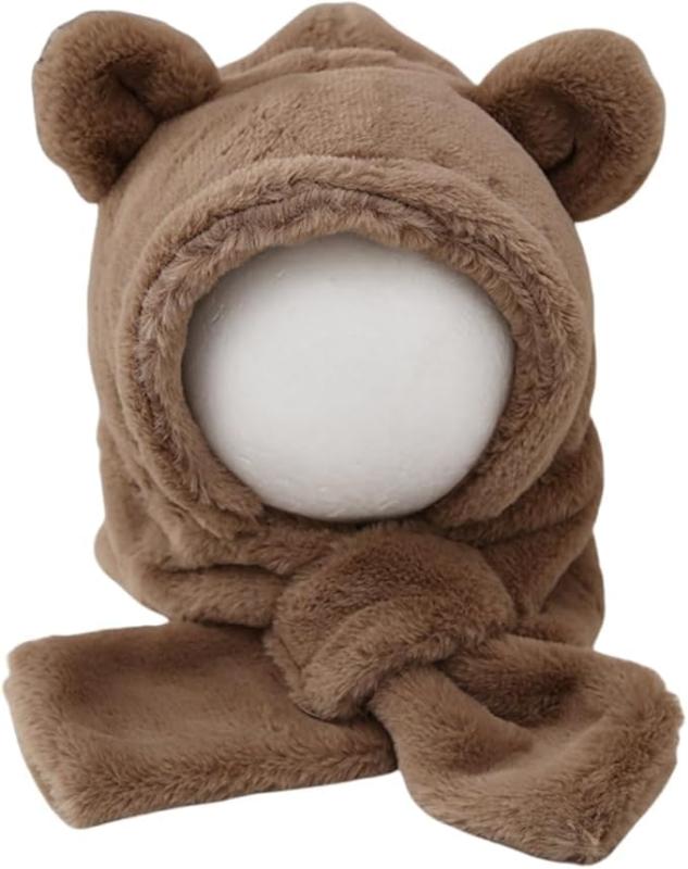[Umeloeo] ベビー 帽子 マフラー 冬 赤ちゃん 新生児 くま耳付き 可愛い 柔らかい 暖かい もこもこ 一体型 イヤーマフ 耳当て スカーフ ネックウォーマー キャップ 耳保護 防寒 防風 出産祝い 【 3in1ベビー帽子】帽子、...